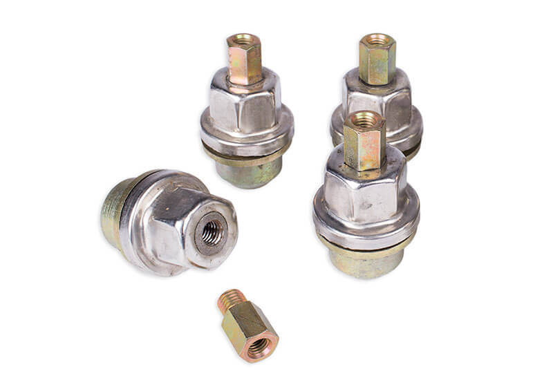Wheel nuts, set of 4, M14 1.5mm thread, 27mm hex, drilled M10